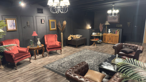 Dark French Clubhouse and Luxury living room with galleries and antique ...