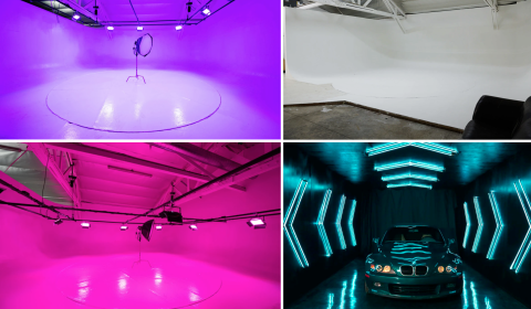 White car studio with 18ft White cove cyclorama wall, turntable, RGB ...