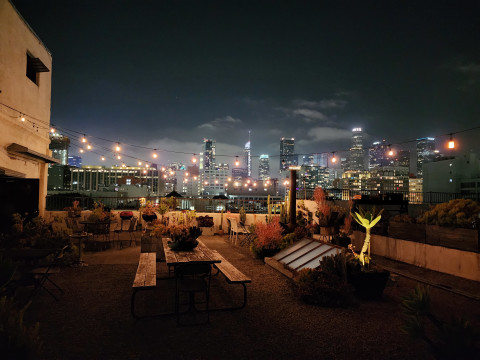 DTLA Skyline Rooftop Garden Lounge + Vintage Arcade, Los Angeles,, CA ...