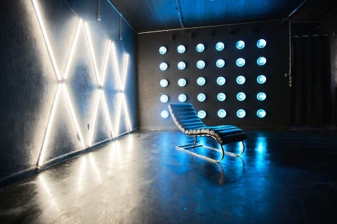 Blackout studio with RGB Astera LED light wall, Large X lights and ...