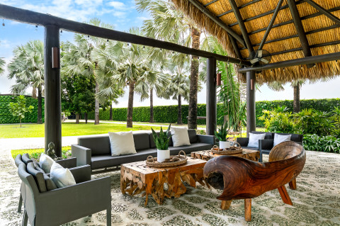 Bali-inspired Large Tiki with Hand Carved Bar Plus Long Table and ...