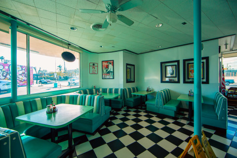 Retro Style Diner with Classic Booths & Checkerboard Floor, Long beach ...