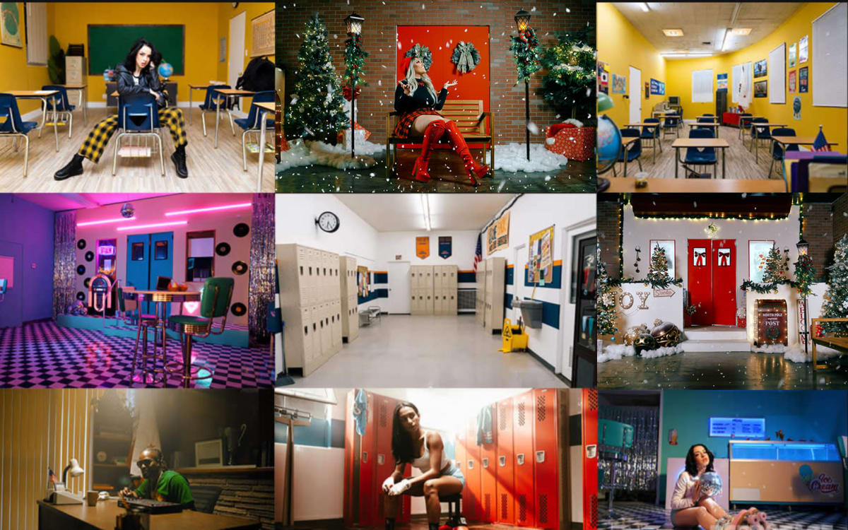 Multi set - school hallway, vintage classroom, retro ice cream shop ...