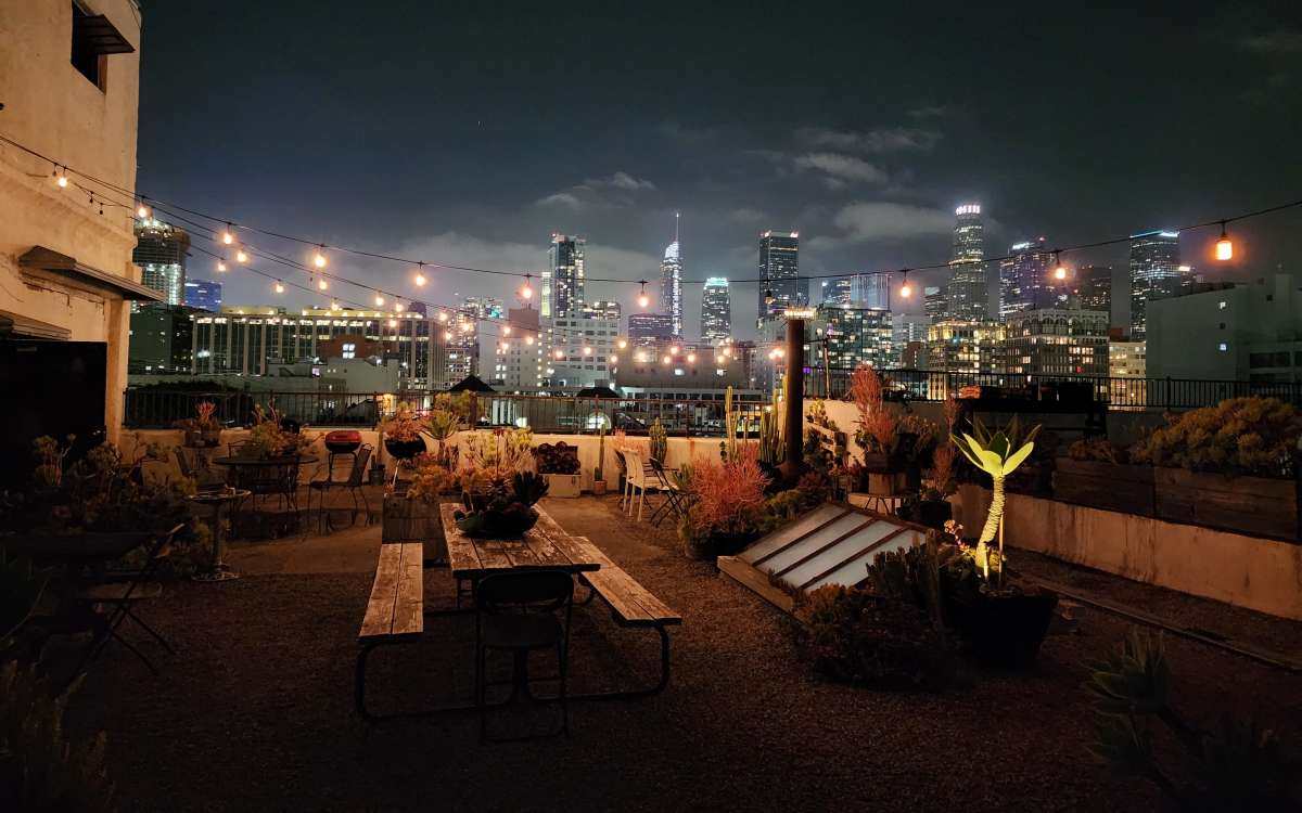 DTLA Skyline Rooftop Garden Lounge + Vintage Arcade, Los Angeles,, CA ...