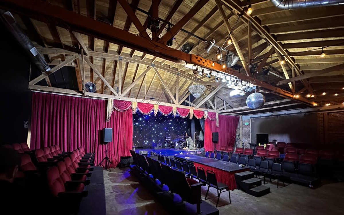 Gorgeous Bohemian theater with Red Velvet Curtains and Wood Beam ...