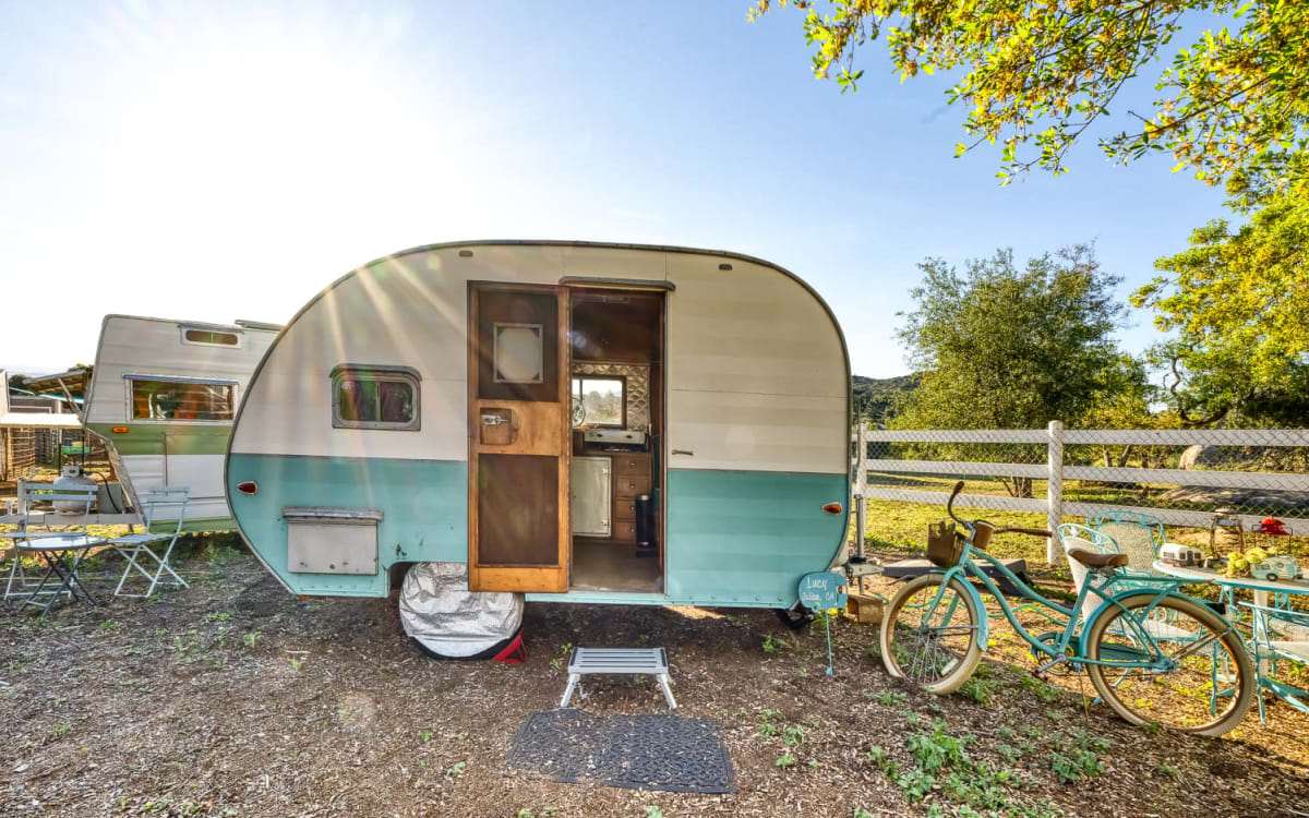 Classic 1954 Turquoise/White Camper Trailer on a Rescue Ranch, Ramona ...