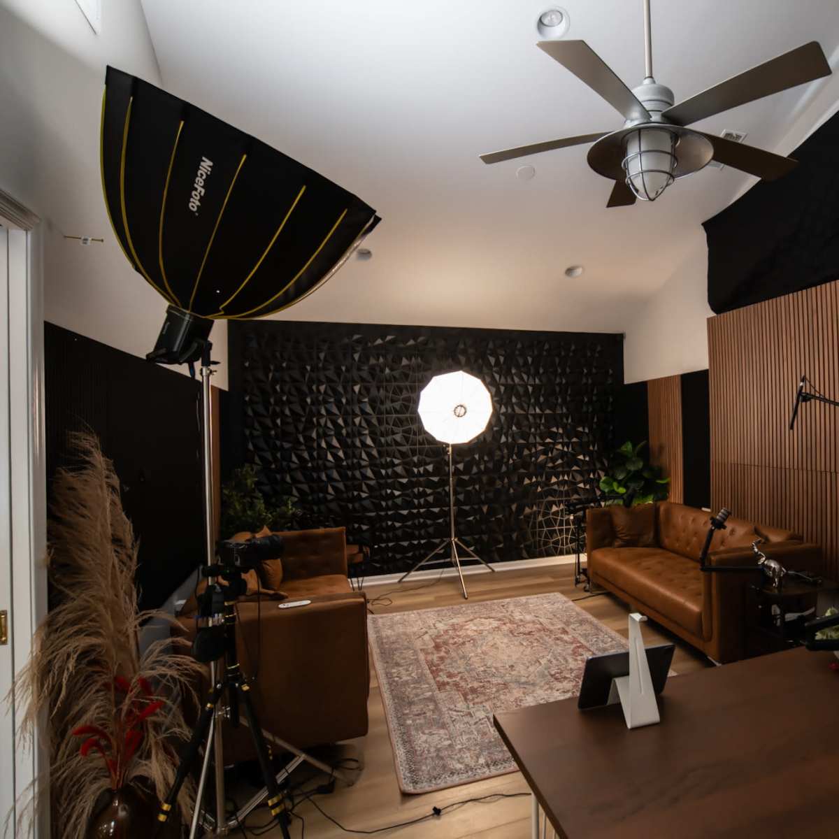 Fully Equipped Podcast Studio with Lighting, Soundboard, and Backdrops ...