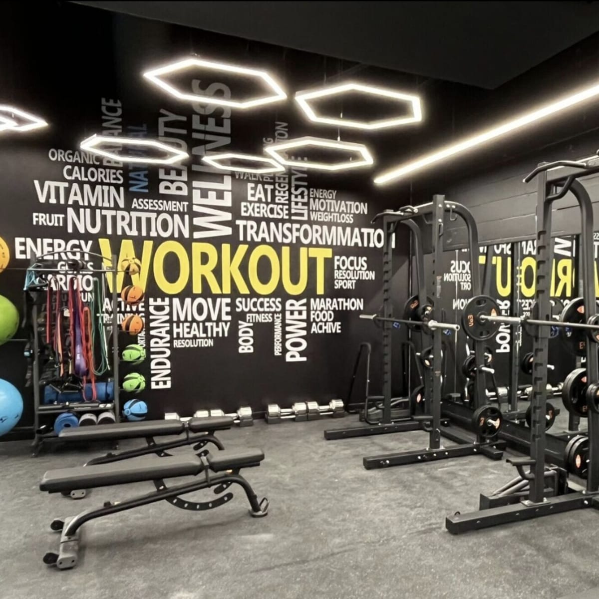 Sleek Fitness Studio With Modern Custom Lighting and Top-Notch ...