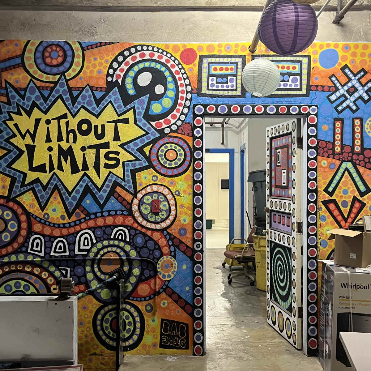 Elementary School Type Classroom with Painted Murals in a Basement, Los ...