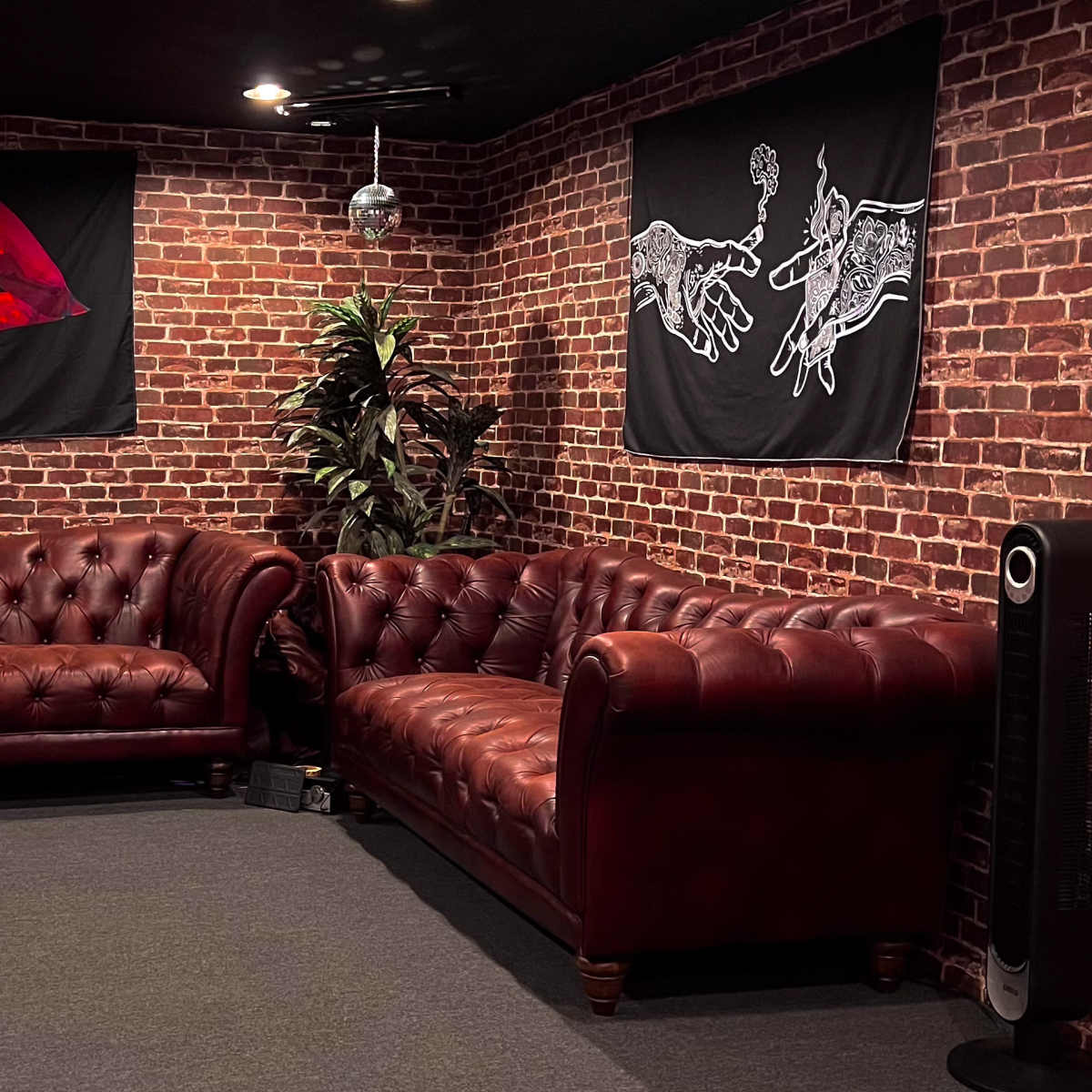 Urban, Basement, Rustic lounge with multiple backdrops and seating ...