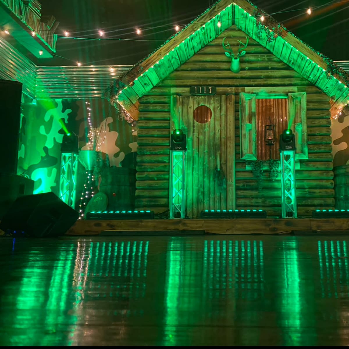 Indoor/Outdoor Ambience, prop log cabin with porch/stage, venue ...