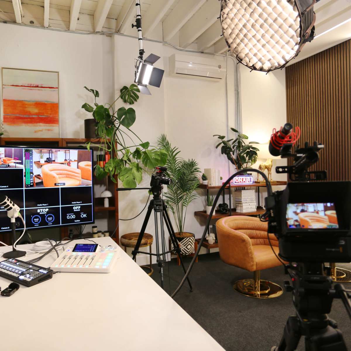 Podcast Studio with 4 Leather Chairs & White Executive Desk, Inglewood ...