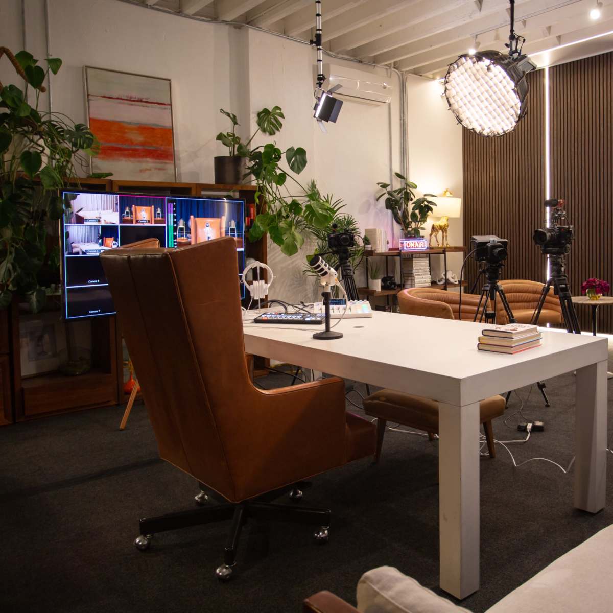 Podcast Studio with 4 Leather Chairs & White Executive Desk, Inglewood ...