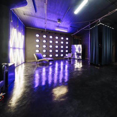 Blackout studio with RGB Astera LED light wall, Large X lights and ...