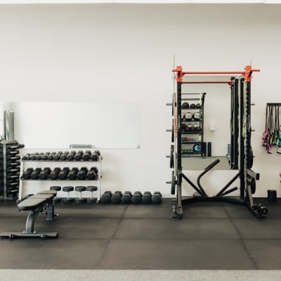 Bright Gym/Fitness Studio with Large Window Wall and Gym Equipment ...