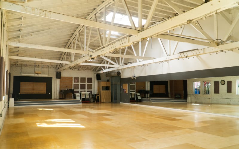 Warehouse Dance Studio with Brick Walls, Wood Floors and Front Stage ...