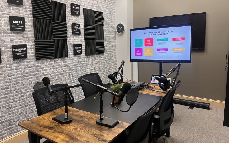 Downtown meeting room with 4 person podcast set up, Columbus, OH | Off ...
