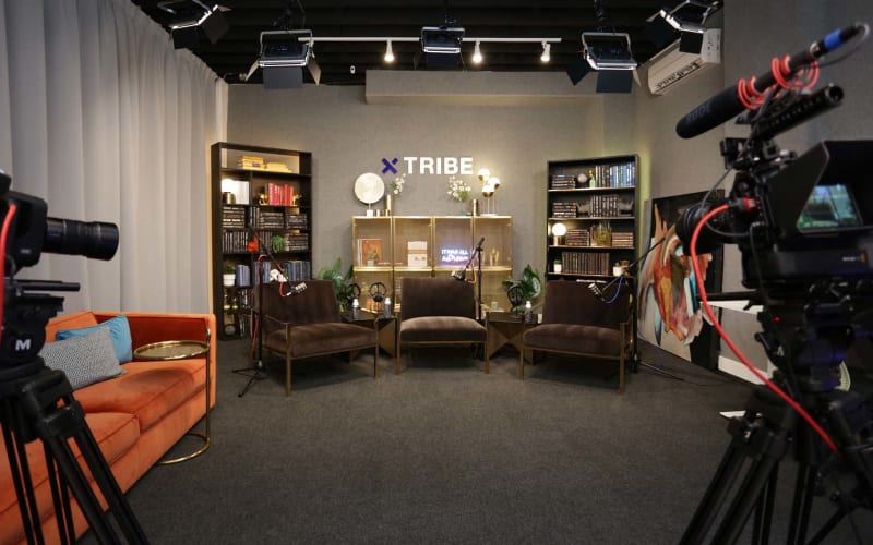 Professional, Podcast Studio with 3 Armchairs & Bookshelves, Blackmagic ...