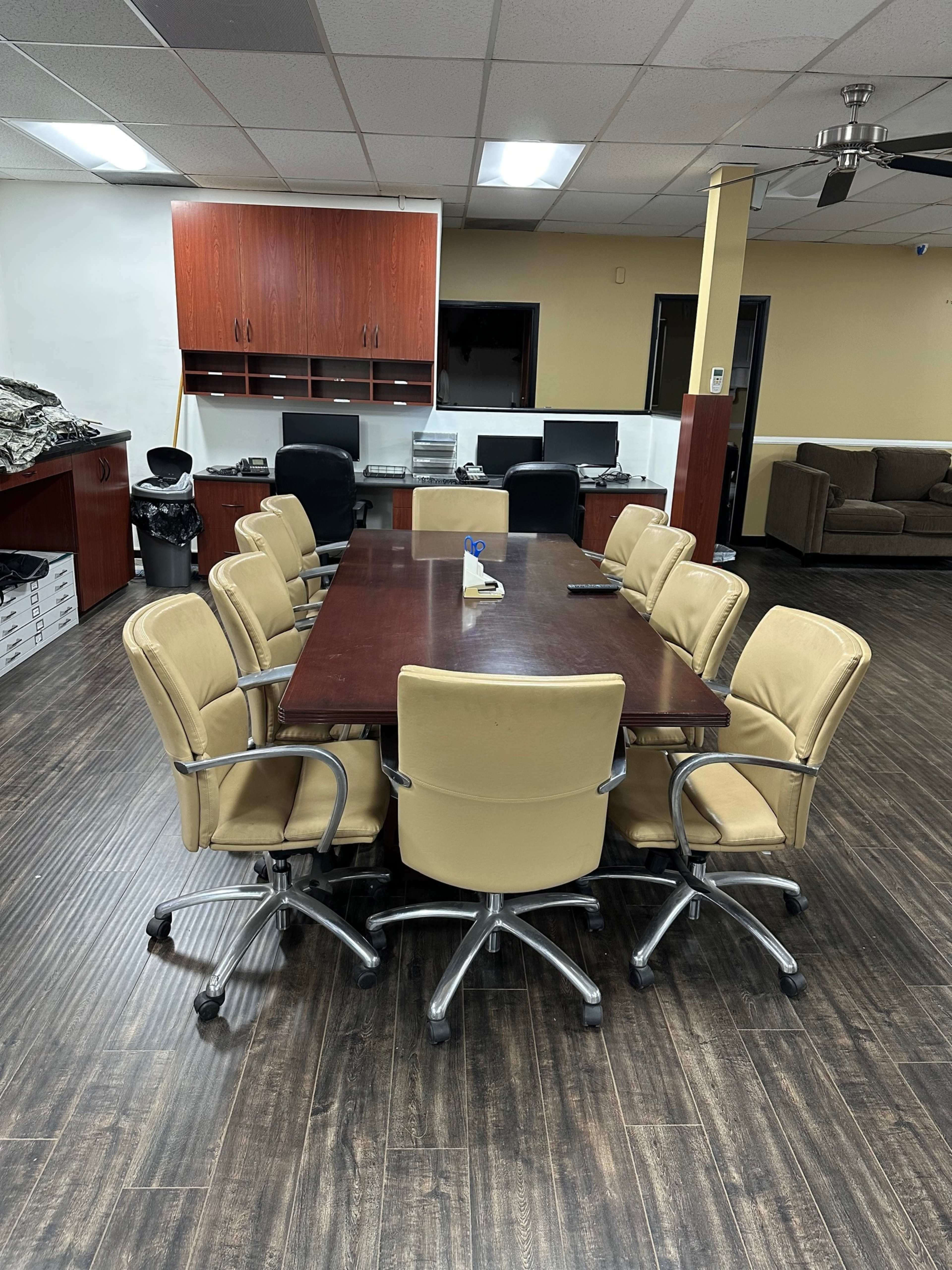 Office film sets include conference table, reception desk, boss office ...