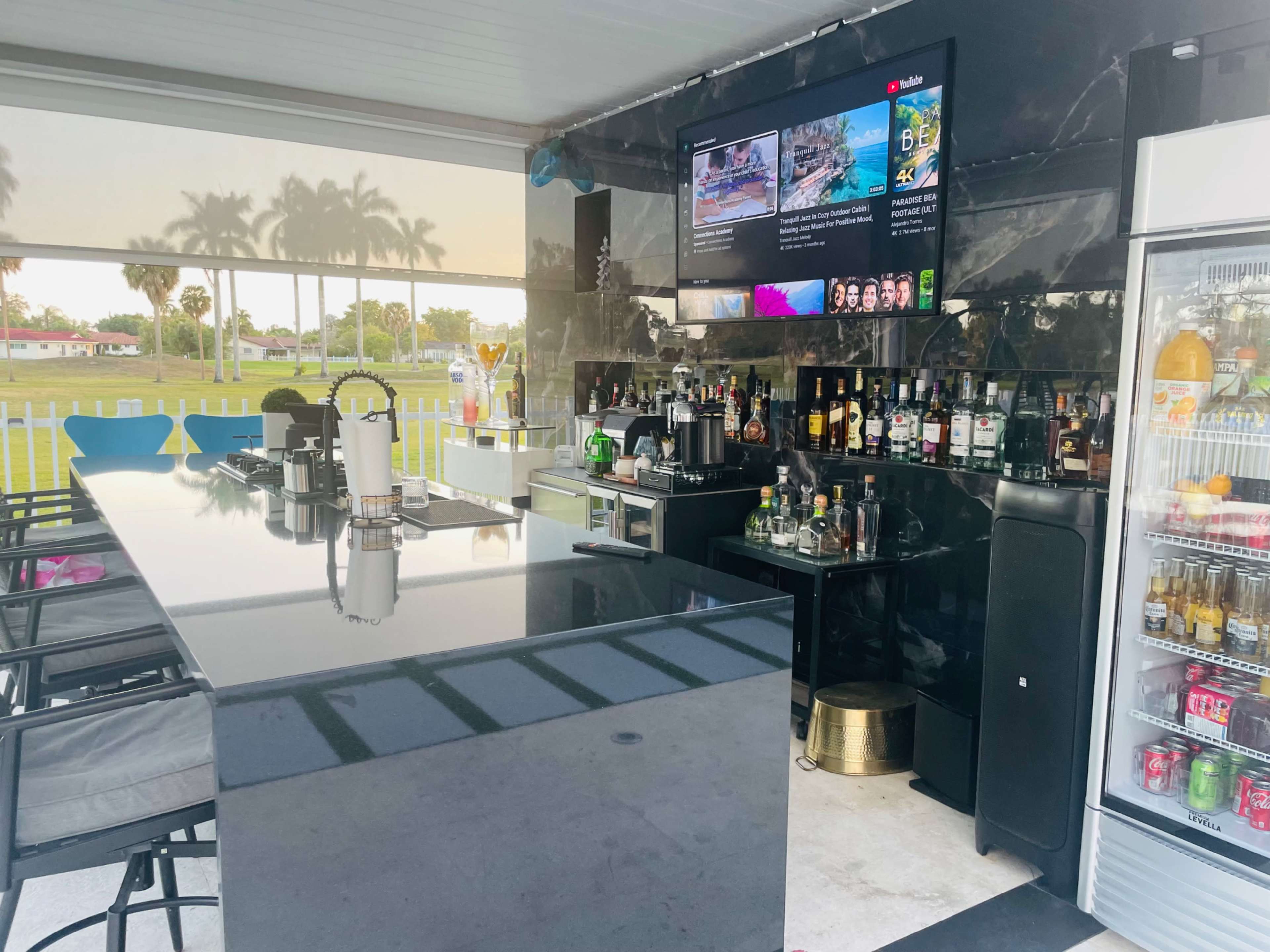 Country club, suburban, outdoor area with pool. Golf course view, roomy ...