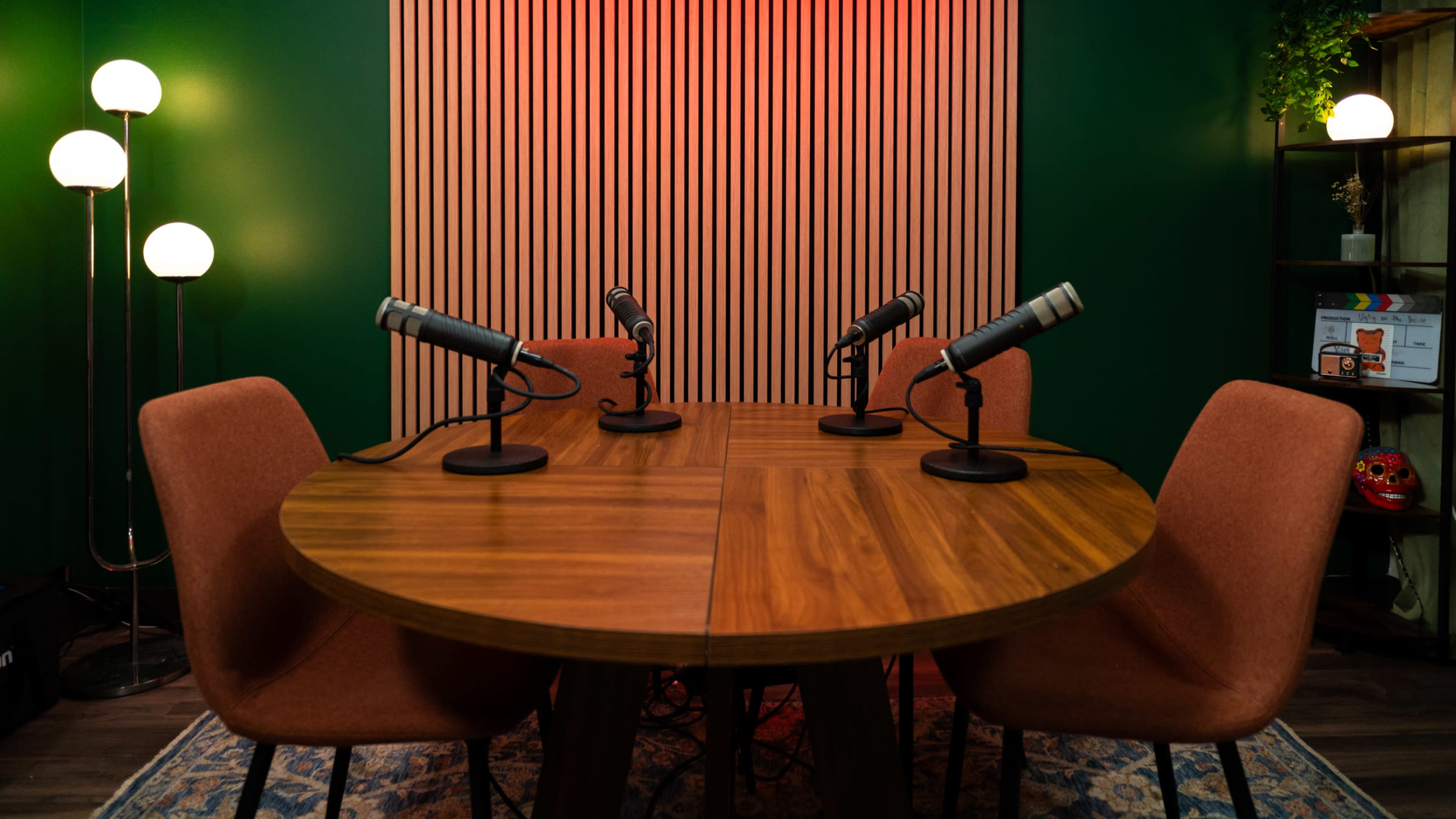 Lab818 Studios | Modern Round Table 4-Mic Podcast Set w/ Moody Lighting ...