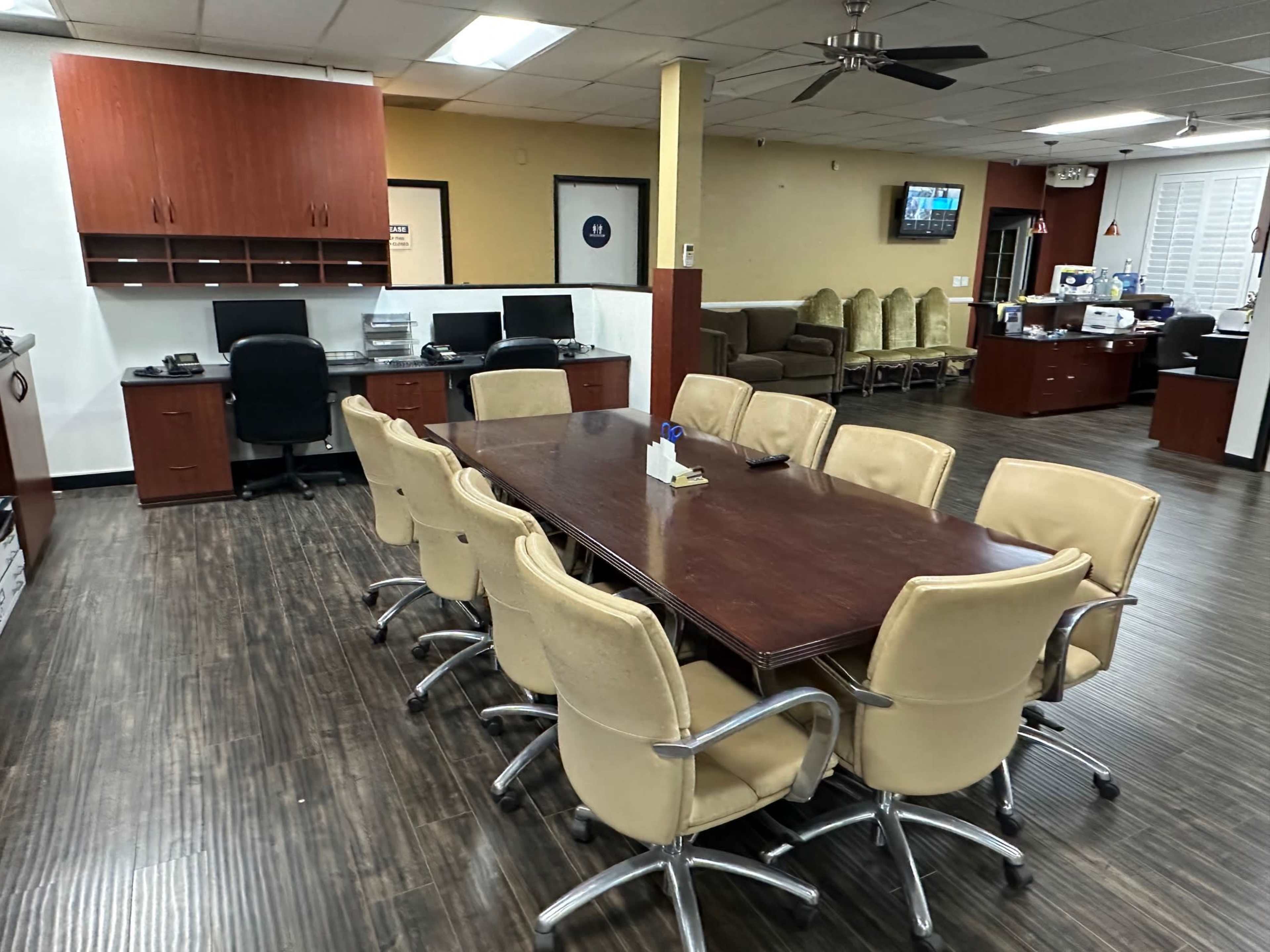 Office film sets include conference table, reception desk, boss office ...