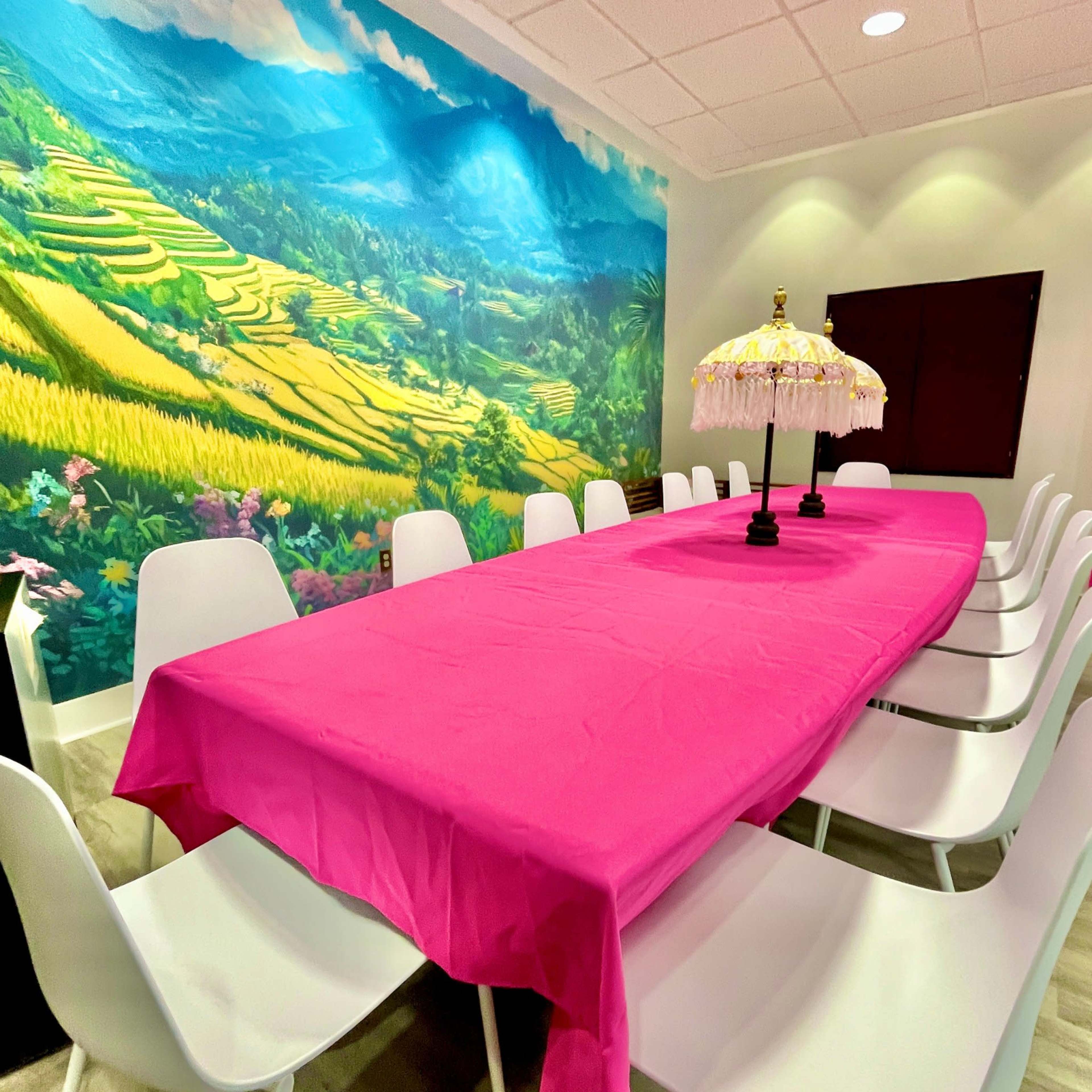 Frozen Yogi | Tropical Escape Meeting Room with Vibrant Mural Backdrop ...