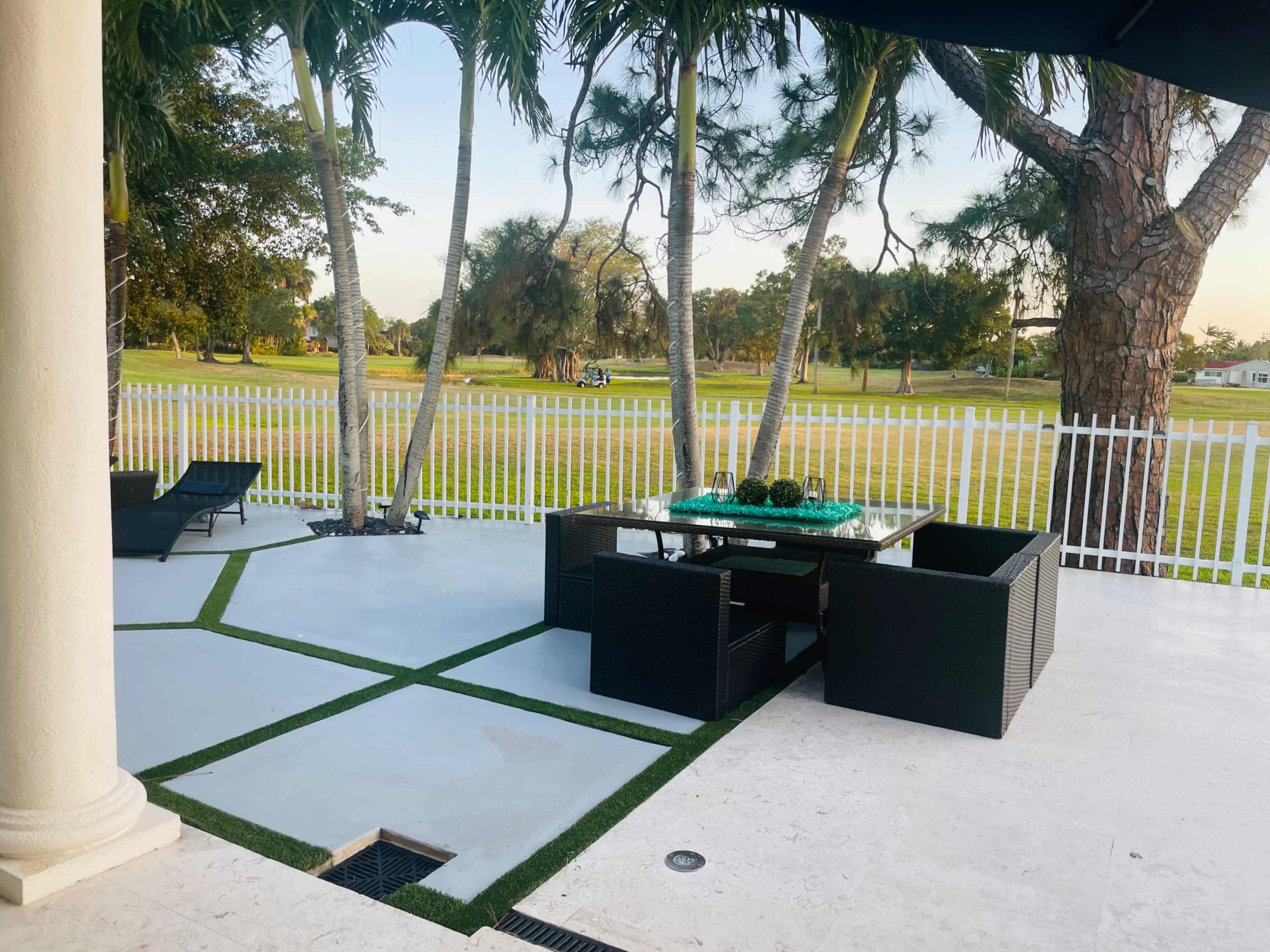 Country club, suburban, outdoor area with pool. Golf course view, roomy ...