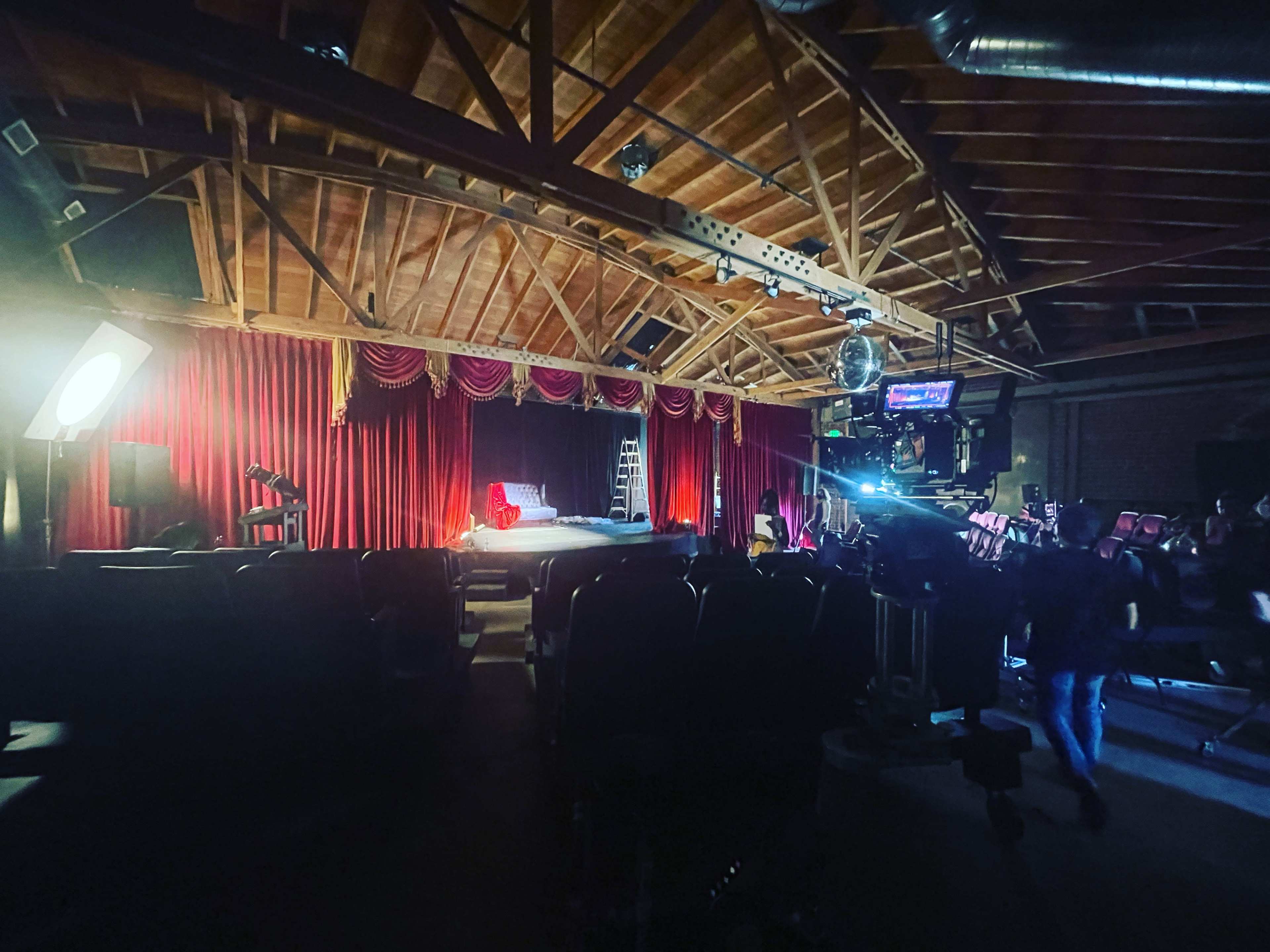 Gorgeous Bohemian theater with Red Velvet Curtains and Wood Beam ...