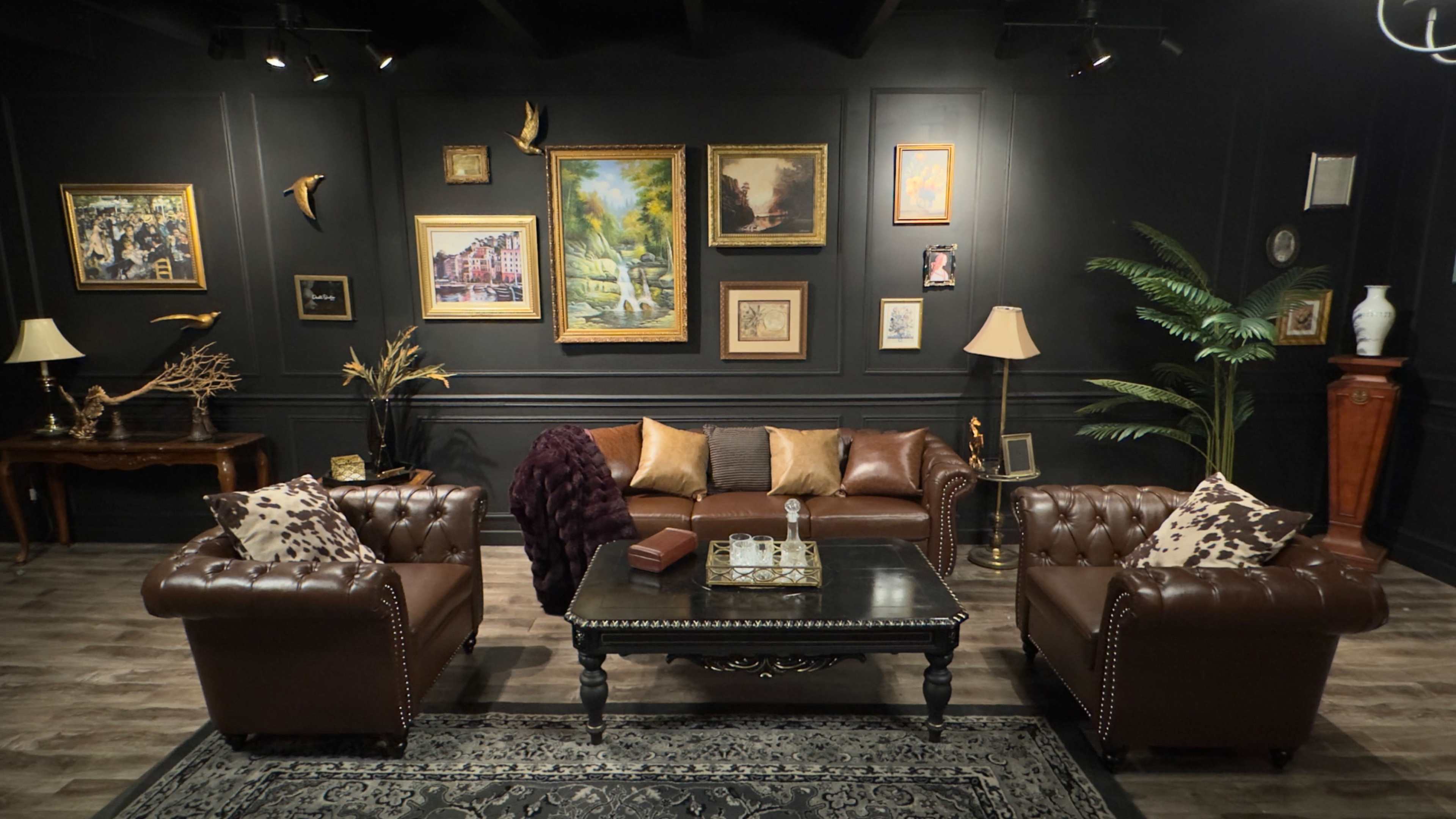 Dark French Clubhouse and Luxury living room with galleries and antique ...