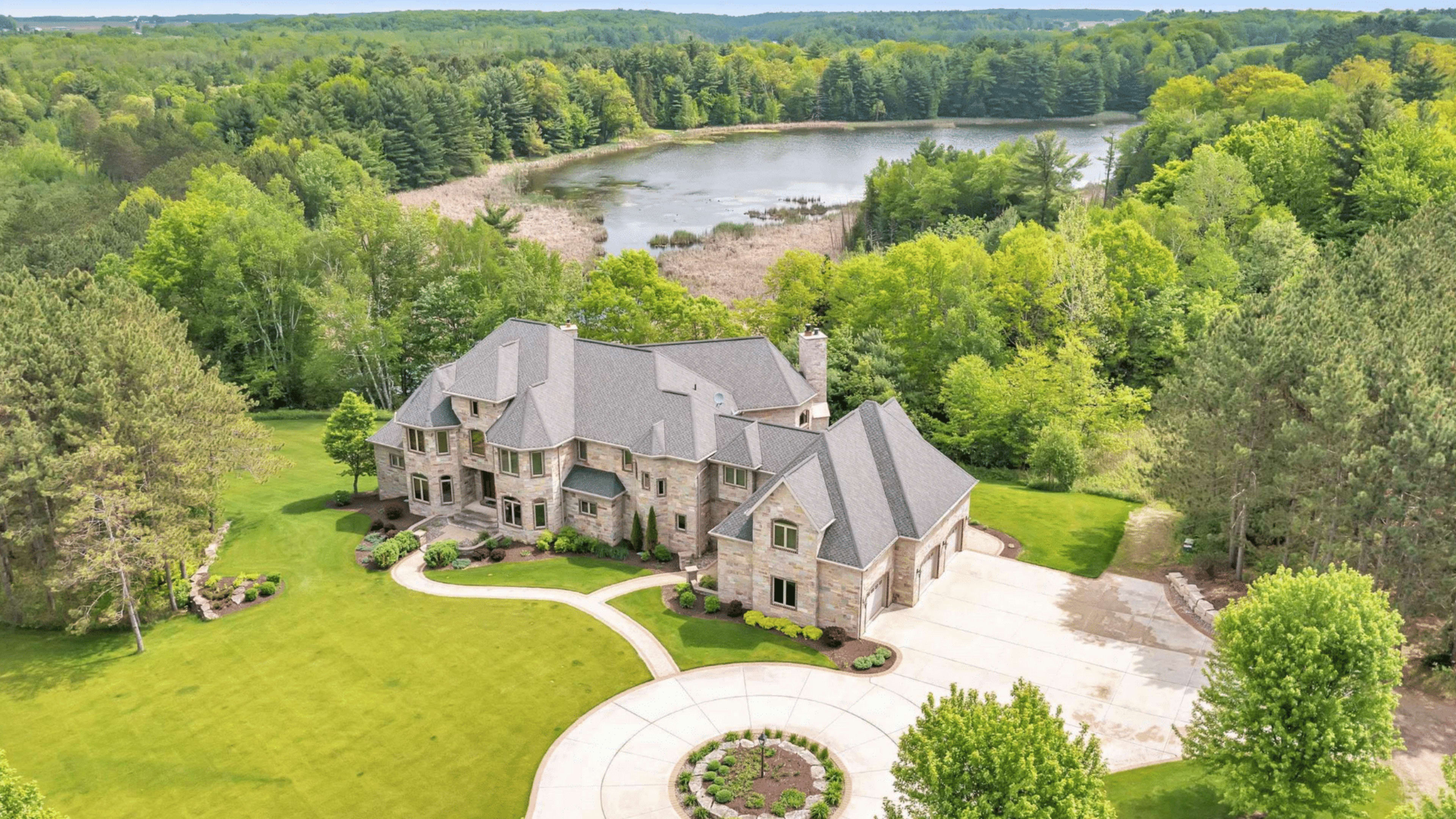 Stunning 3-level chilton-stone castle with private lake, Gillett, WI ...